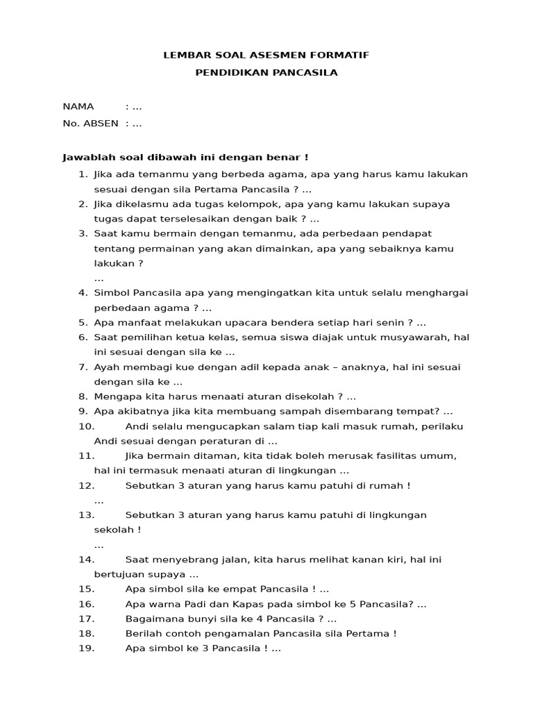 Lembar Soal Asesmen Formatif Pp Kls 2 | PDF
