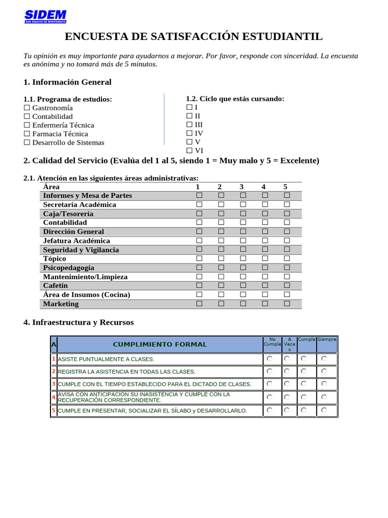 Encuesta de Satisfacción Estudiantil | PDF