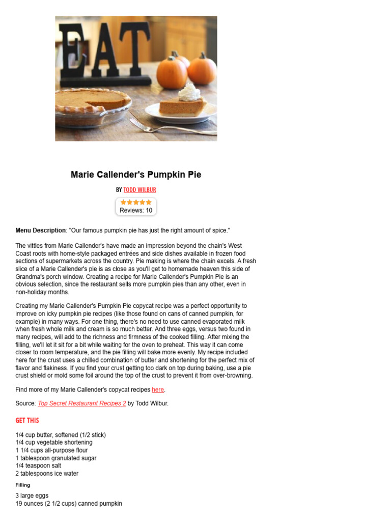 Marie Callender's Pumpkin Pie Recipe | How to Make Pie | PDF | Teaspoon ...