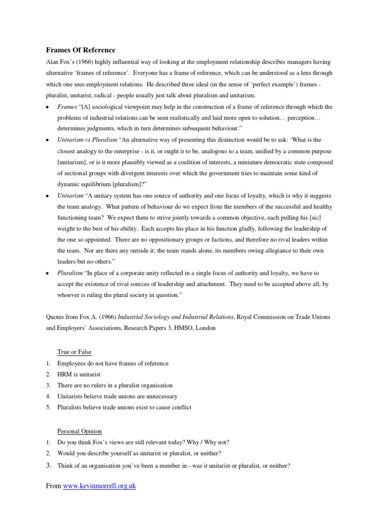Fox's Frames of Reference | PDF | Industrial Relations | Leadership