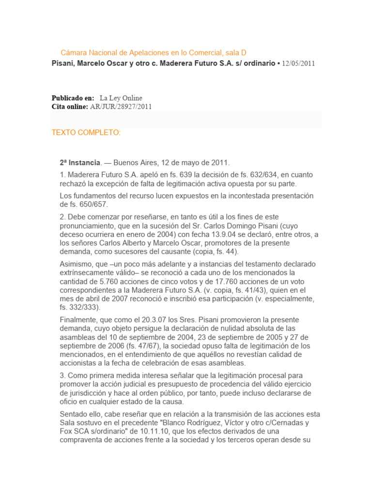 Fallo Pisani Marcelo Oscar y Otros C/ Maderera Futuro S.A S/ Ordinario ...