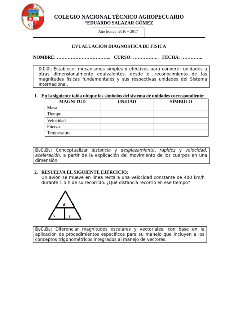 EVUALUACIO N DIAGNO STICA FI SICA | PDF | Vector Euclidiano | Velocidad
