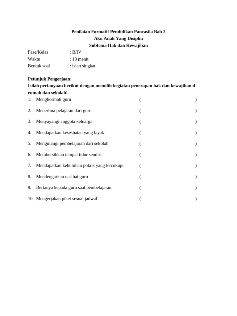 Penilaian Formatif Pancasila Kelas IV | PDF