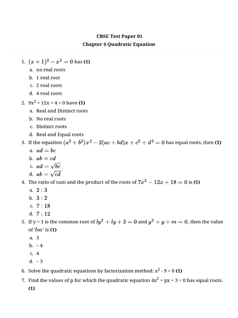 Chapter 04 Quadratic Equations Test 01 | PDF | Quadratic Equation ...