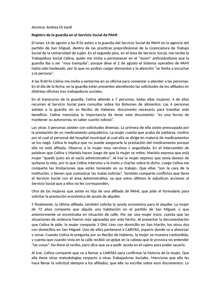 REGISTRO DE GUARDIA EN SERVICIO SOCIAL DE PAMI - Andrea Di santi | PDF