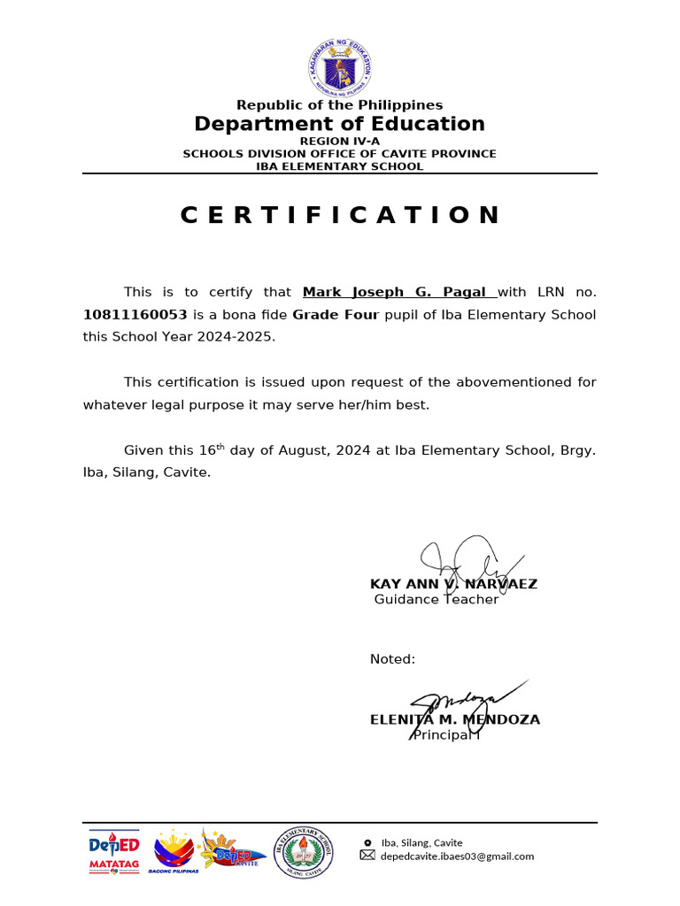 Certification for Grade Four Student | PDF