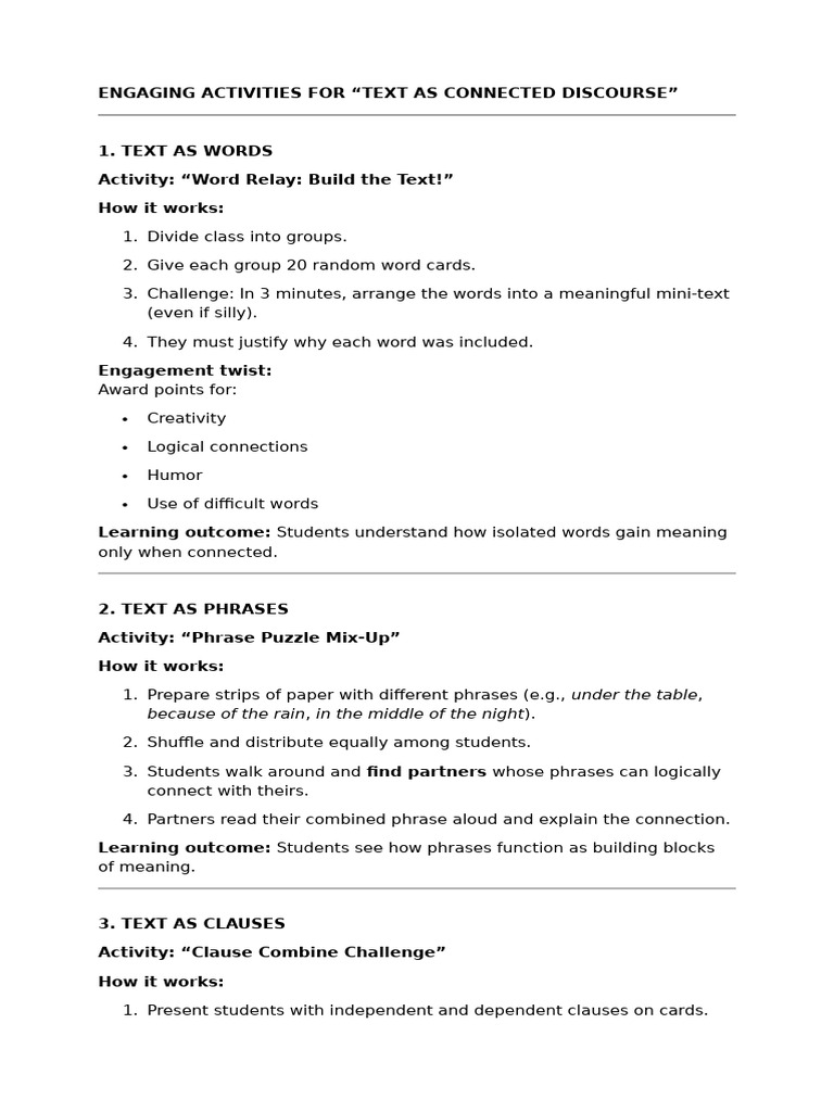 Engaging Activities for Text Discourse | PDF | Sentence (Linguistics ...