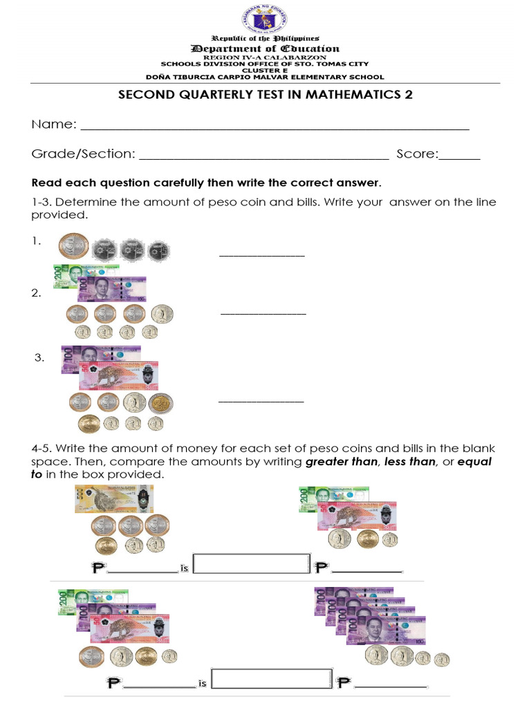 Math 2 Quarterly Test Overview | PDF | Subtraction | Length