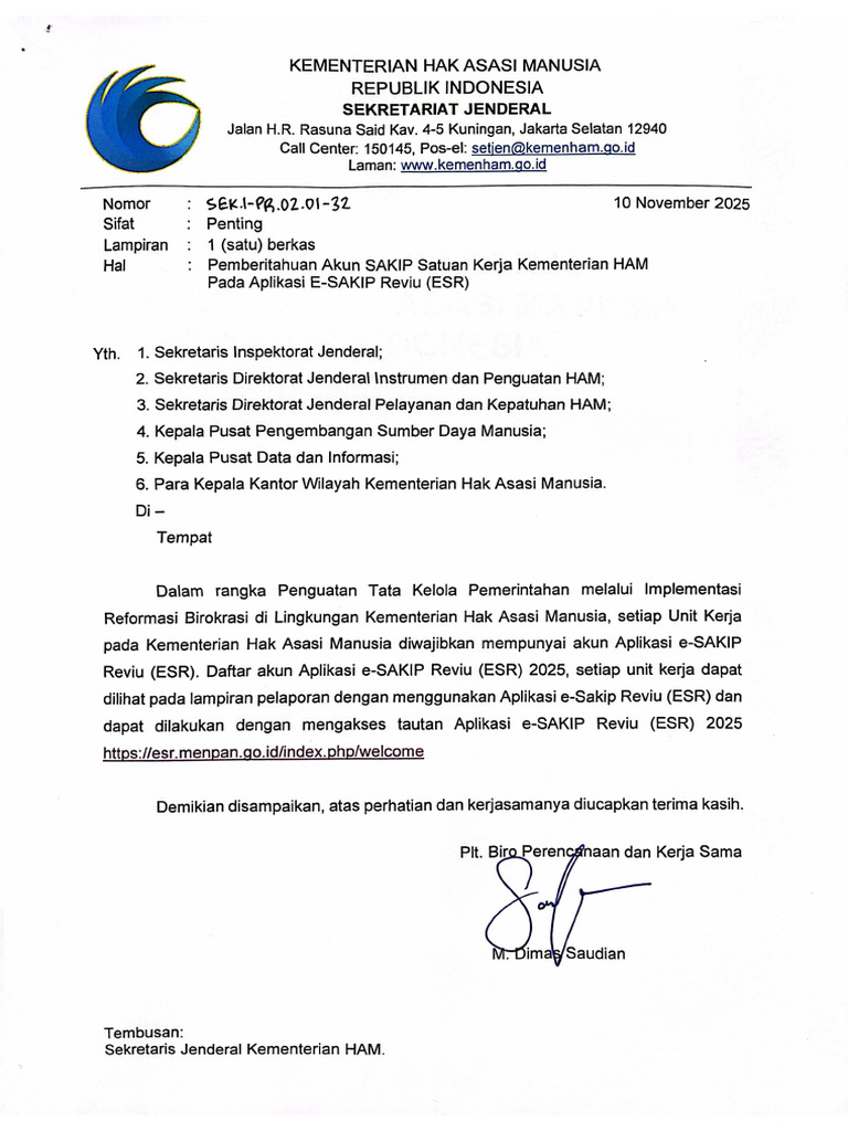 11 - 102025 Pemberitahuan Akun Sakip Satuan Kerja Kementerian HAM Pada ...