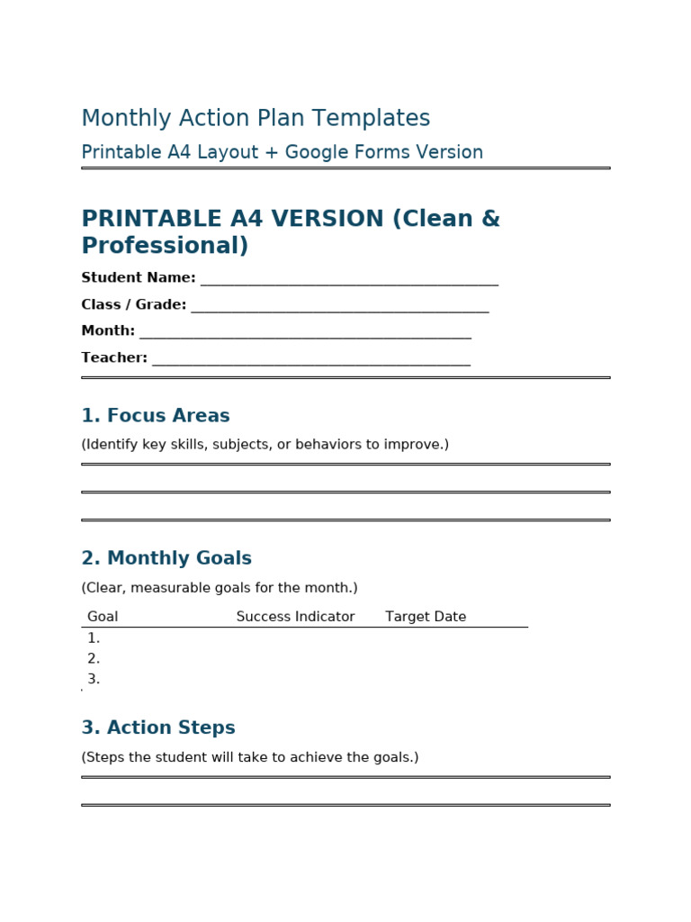 Monthly Action Plan Printable and Google Forms | PDF