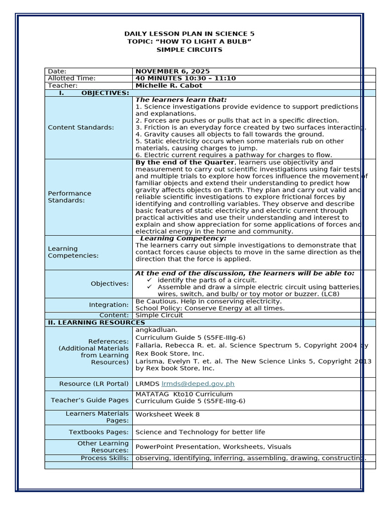 Simple Circuit Lesson Plan for Grade 5 | PDF | Electric Current | Force