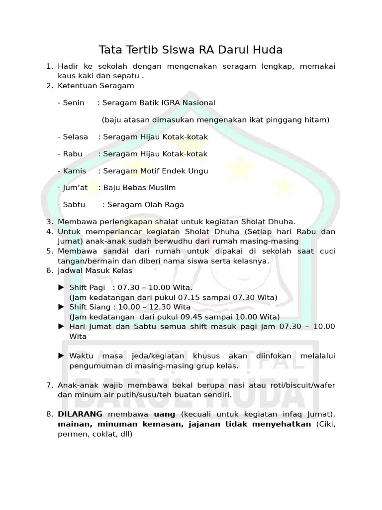 Tata Tertib Siswa RA Darul Huda 2024 | PDF