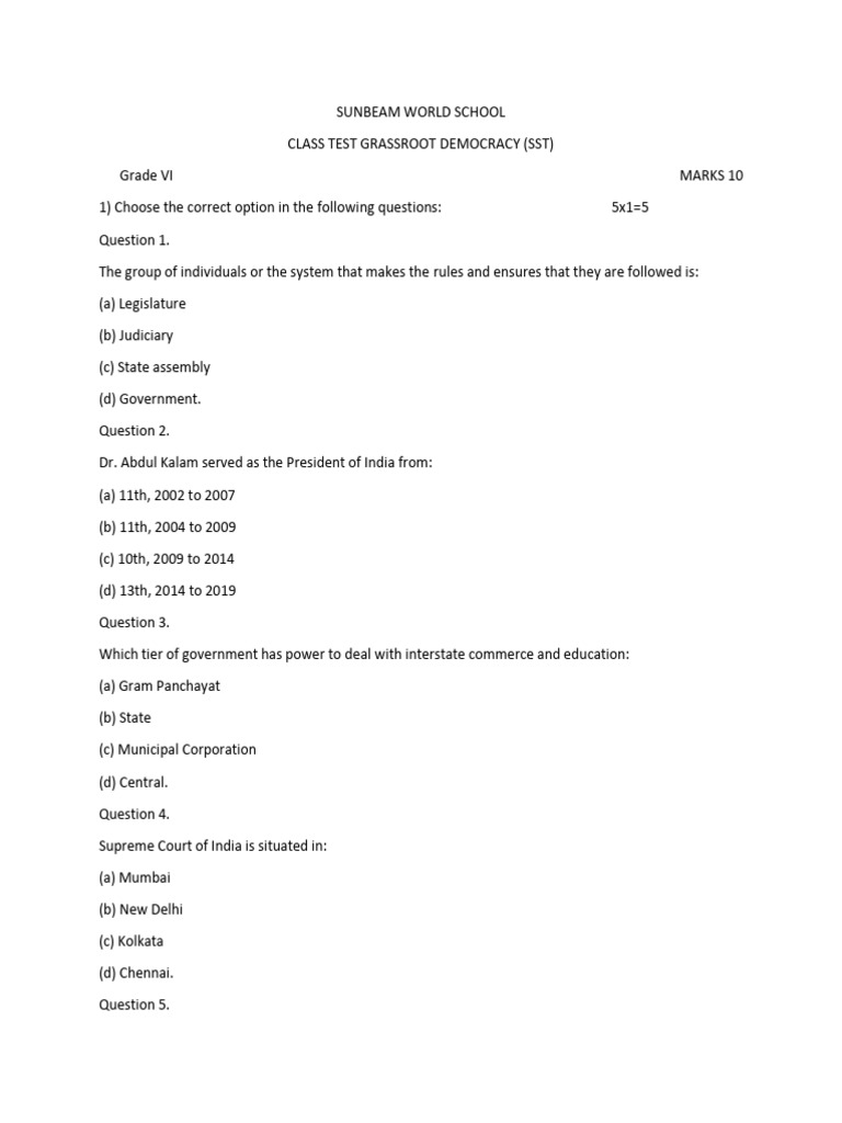 Grass Root Democracy 1 Test | PDF