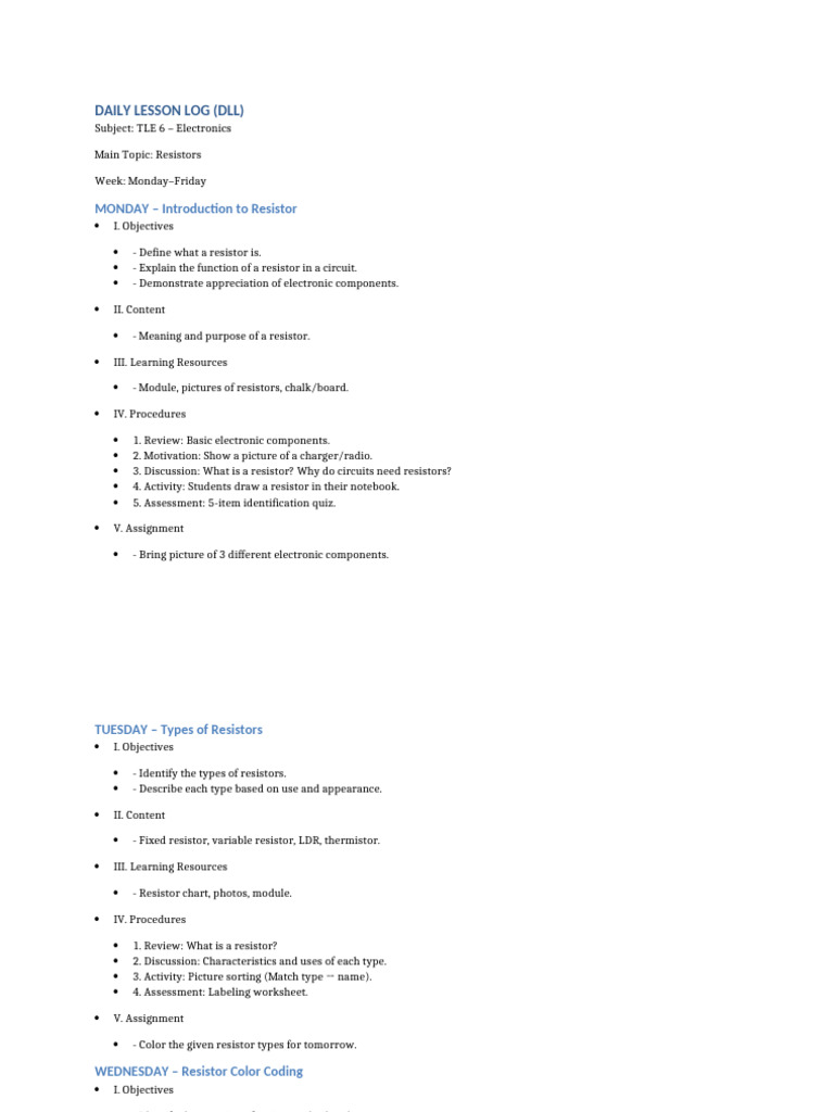 Resistor Lesson Plan for TLE 6 | PDF | Resistor