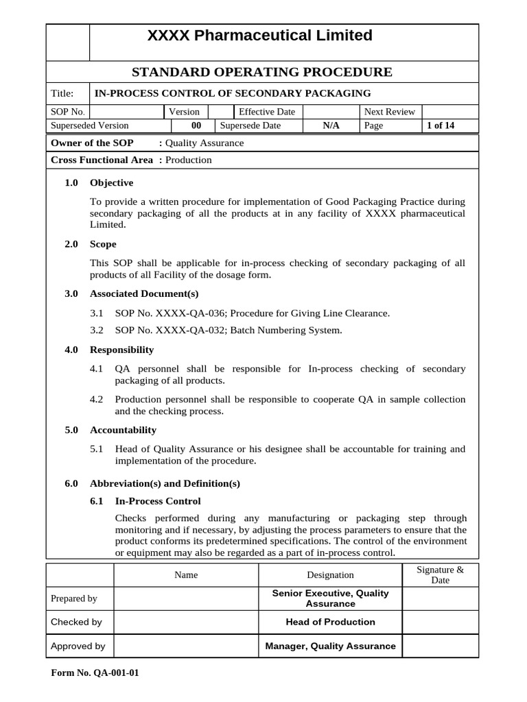 In-Process Control SOP for Packaging | PDF | Quality Assurance ...