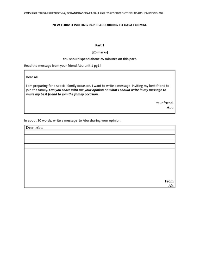 New Form 3 Writing Paper According To Uasa Format 2052023 | PDF