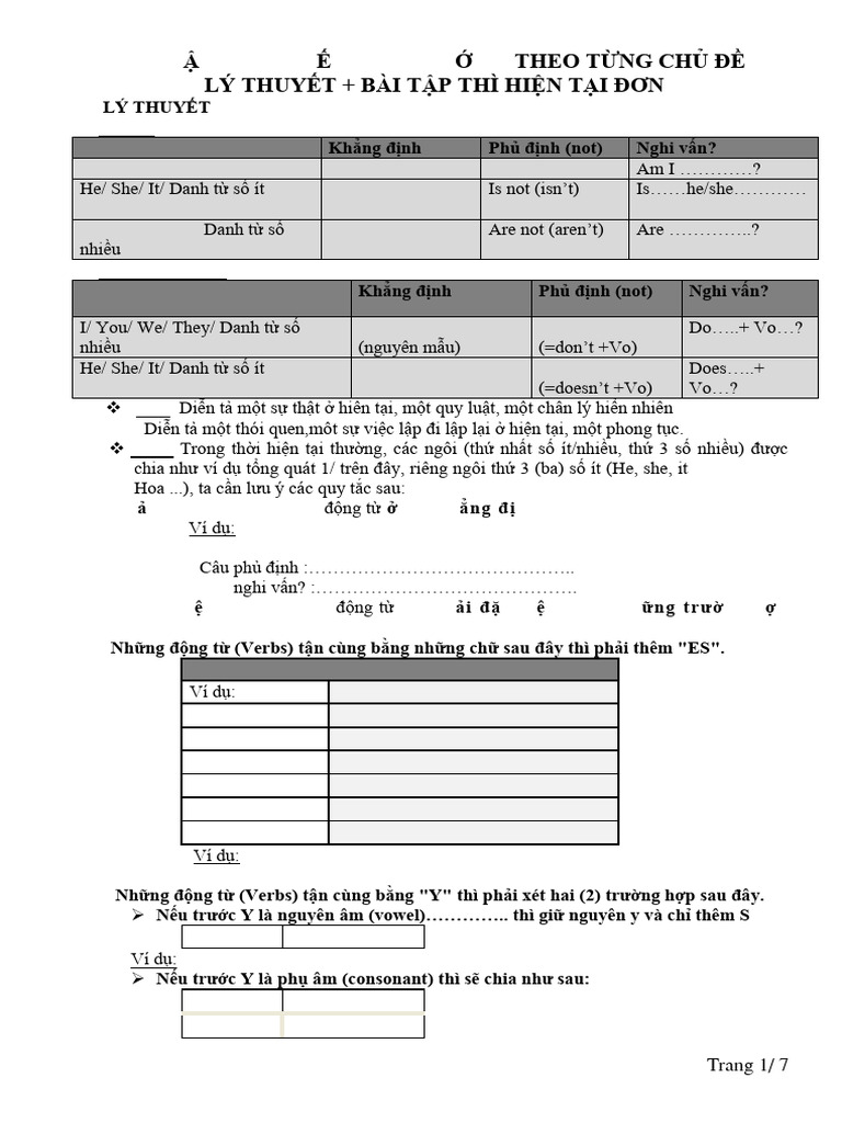 Ly Thuyet Va Bai Tap Thi Hien Tai Don Tieng Anh Lop 6 | PDF