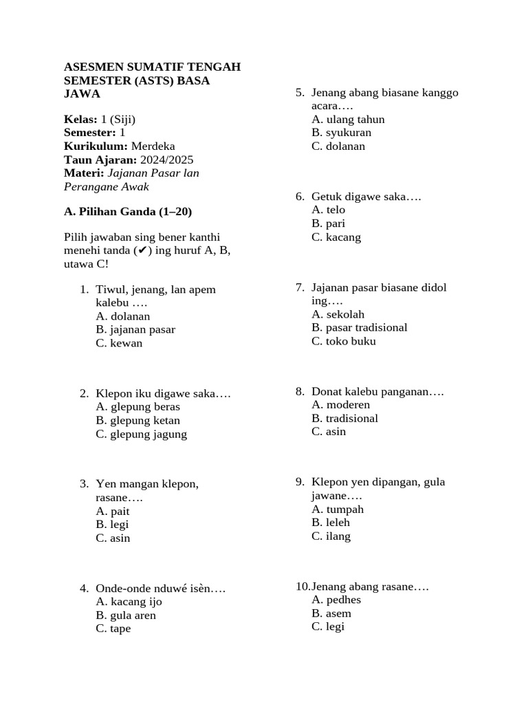 Soal ASTS Bahasa Jawa Kelas 1 Kurikulum Merdeka | PDF