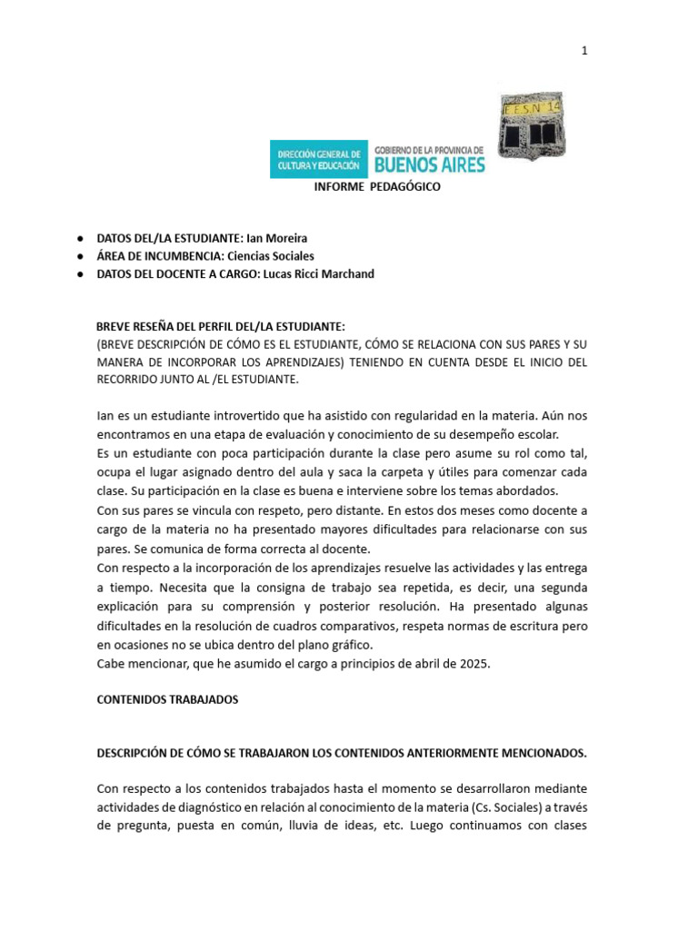 Informe Pedagógico sobre Ian Moreira | PDF | Enseñando | Comunicación ...
