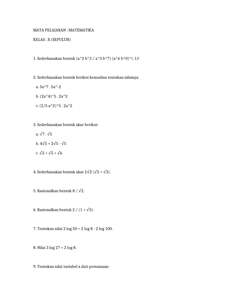 Soal Matematika Kelas 10: Penyelesaian dan Simplifikasi | PDF