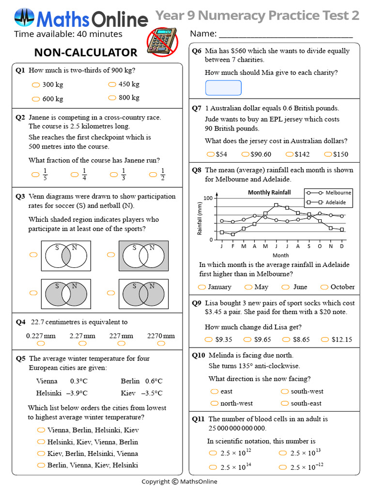 Year9 Practice Test2 Non Calc Questions | PDF