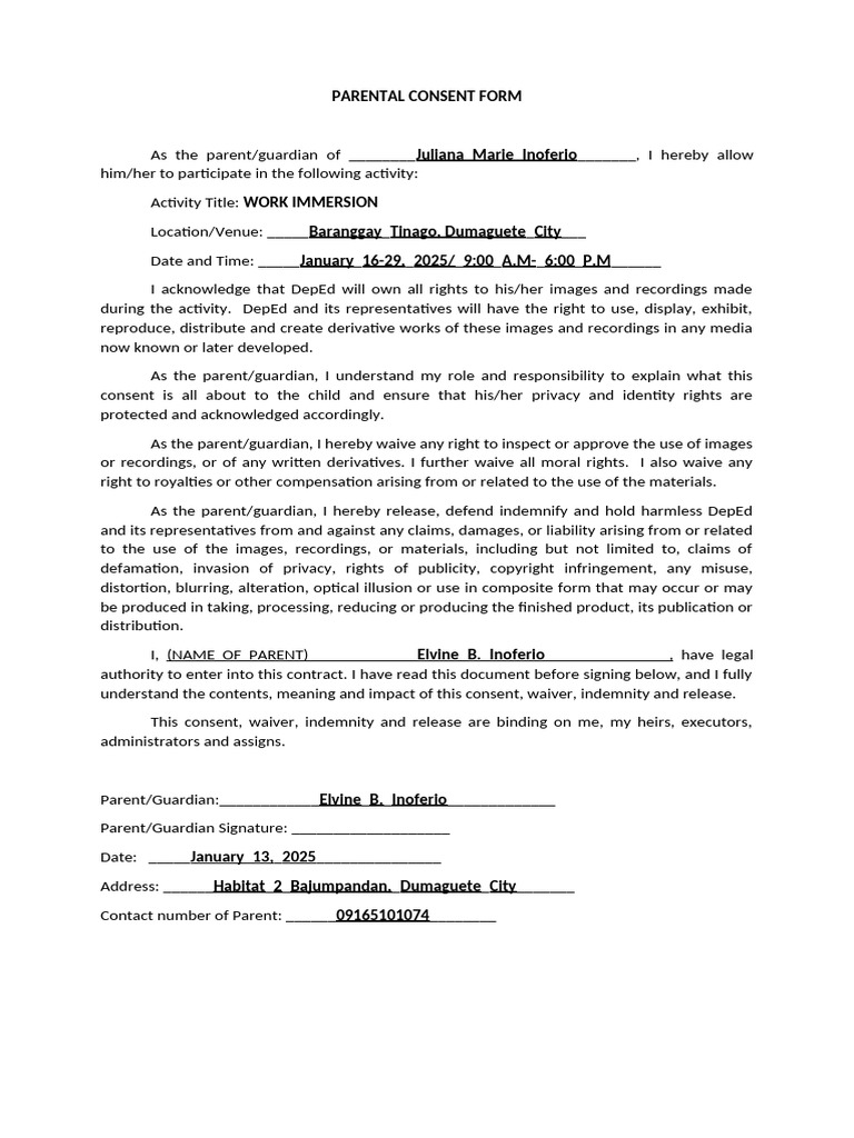 Parental Consent for Work Immersion | PDF