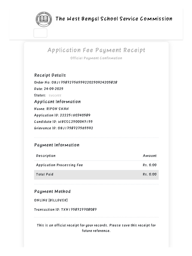 WBSSC - Fees Payment Receipt | PDF