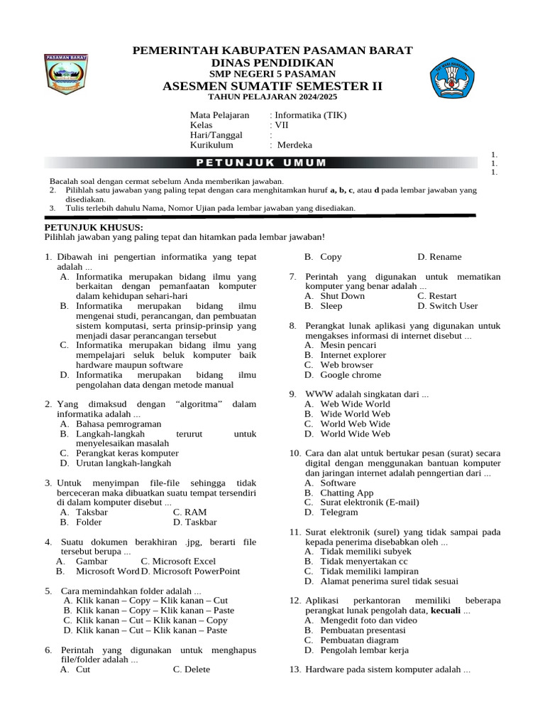 SOAL UJIAN SEMESTER 2 TIK - KELAS 7 | PDF