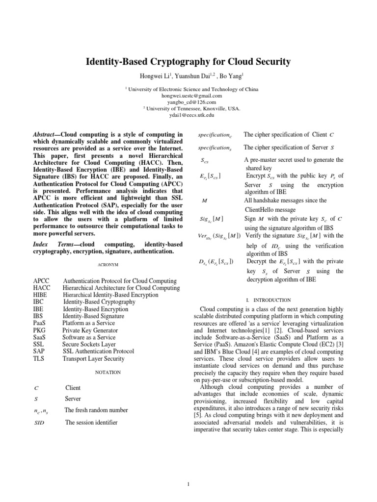 Identity-Based Cryptography For Cloud Security: Abstract-Cloud ...
