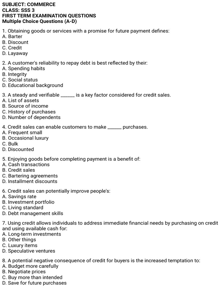 SSS 3 Commerce Credit Sales Exam Questions | PDF | Finance & Money ...