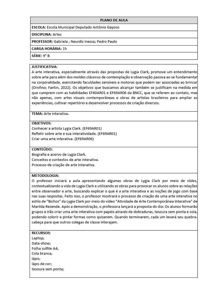Plano de Aula - Arte Interativa | PDF | Lição