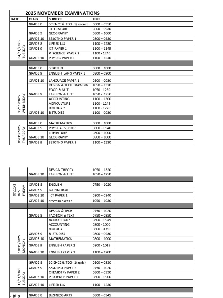 2025 November Exam Schedule by Grade | PDF | Inquiry | Science