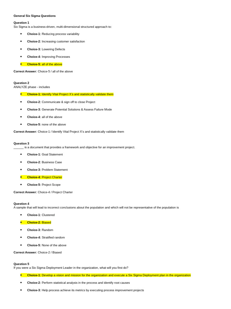 Six Sigma Test Bank Q&A For Exam Preperations | PDF | Six Sigma ...