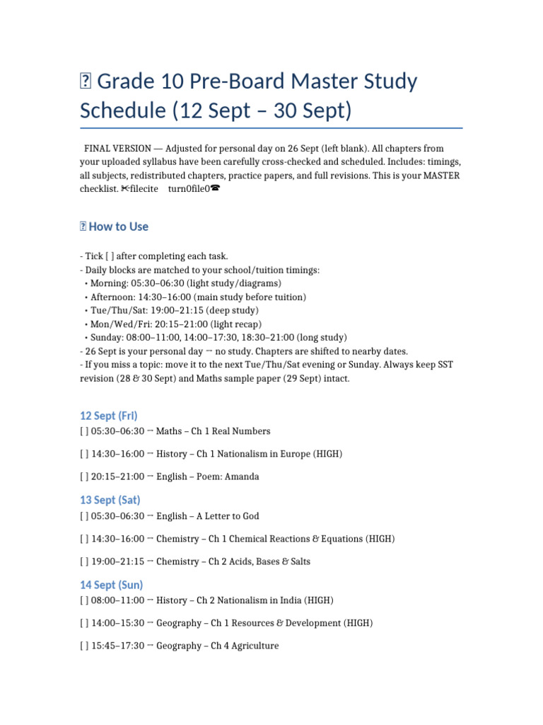 Grade 10 Pre-Board Study Schedule | PDF | Physical Sciences