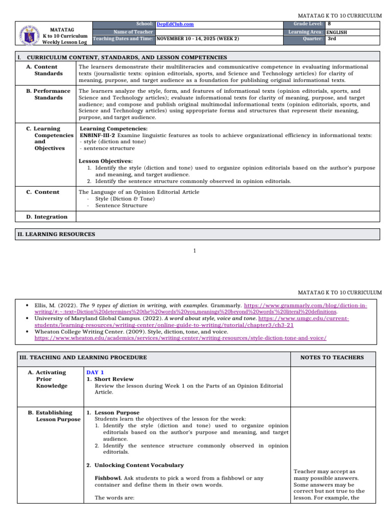 DLL Matatag - English 8 q3 w2 | PDF | Teachers | Human Communication