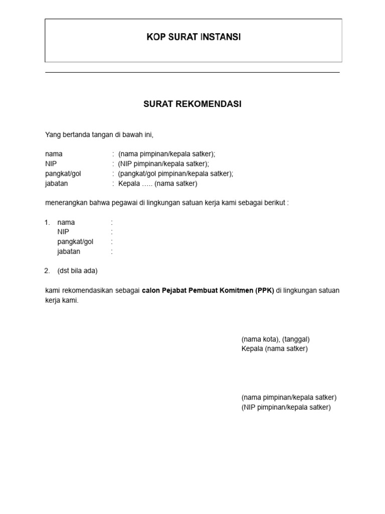Surat Rekomendasi PPK Satker | PDF