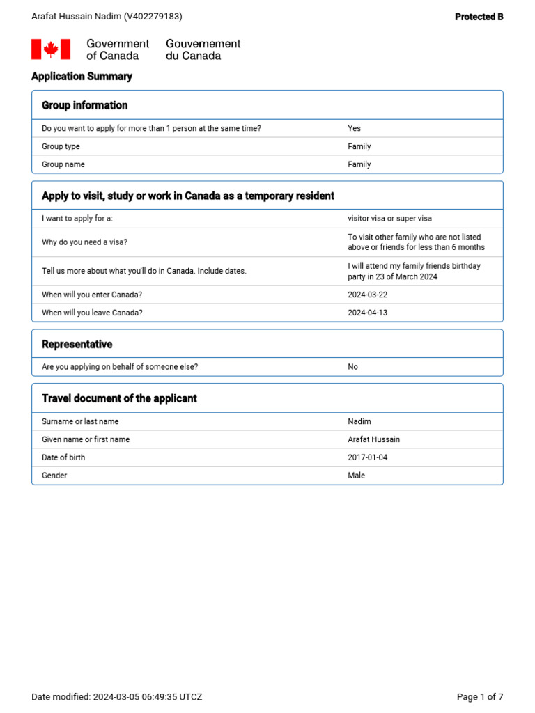 Canada Visitor Visa Application Summary | PDF | Passport | Travel Visa