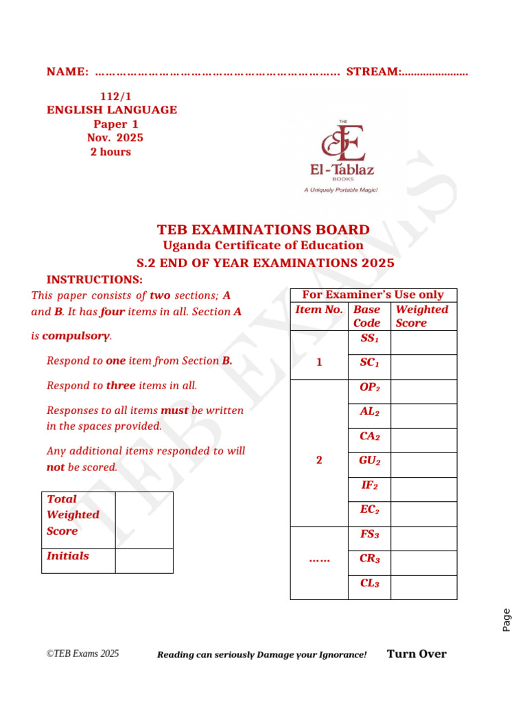 Teb Exams s.2 Eoy Eng 112.1 2025863 | PDF