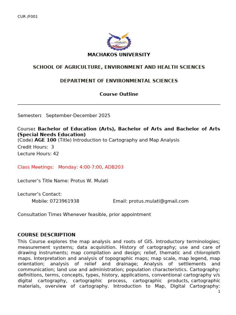 Age 100 _course Outline_sept-Dec 2025 | PDF | Map | Cartography