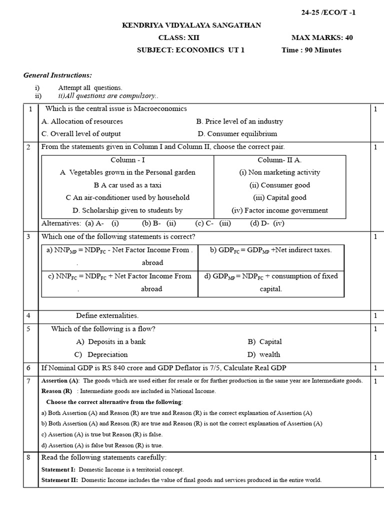 Class XII Economics UT 1 Exam Guide | PDF | Income | Gross Domestic Product