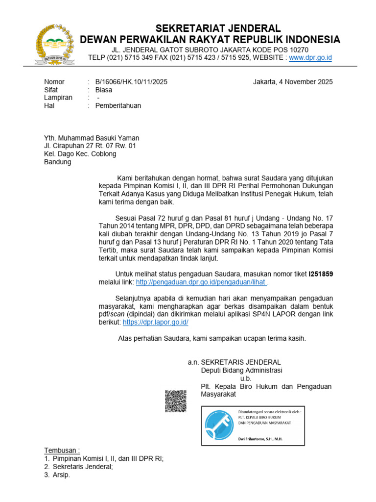 Surat Muhammad Basuki Yaman Ke DPR RI Komisi I, II Dan II | PDF