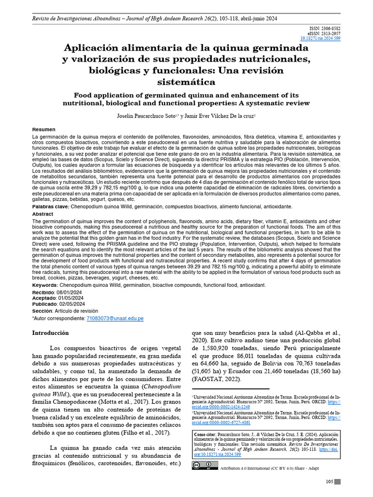Aplicación Alimentaria de La Quinua Germinada y Valorización de Sus ...