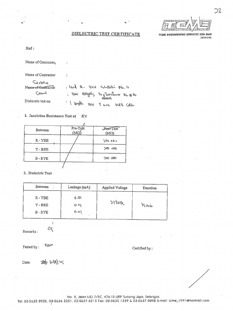 Dielectric Test Cert | PDF