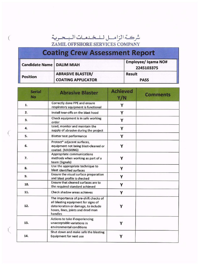 QO -Dalim Miah. Abrasive Blaster-Coating Applicator -Assessment Report ...