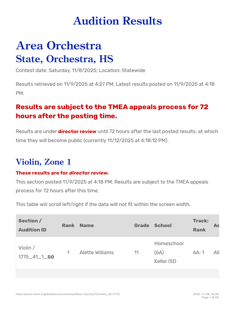 2025 Audition Results - TMEA | PDF