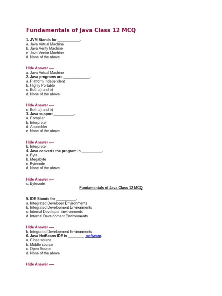 Java Class 12 MCQ Practice Questions | PDF | Data Type | Control Flow