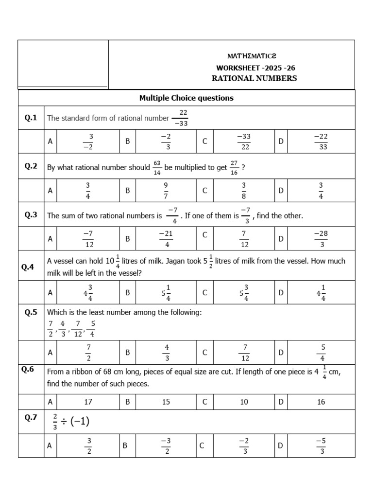 7th Grade Rational Numbers Worksheet | PDF | Chess | Chess Theory