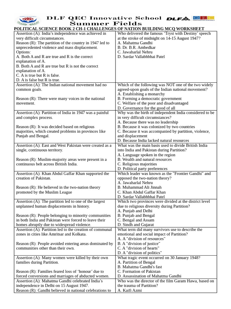 Nation Building Challenges MCQ Worksheet | PDF | Partition Of India ...