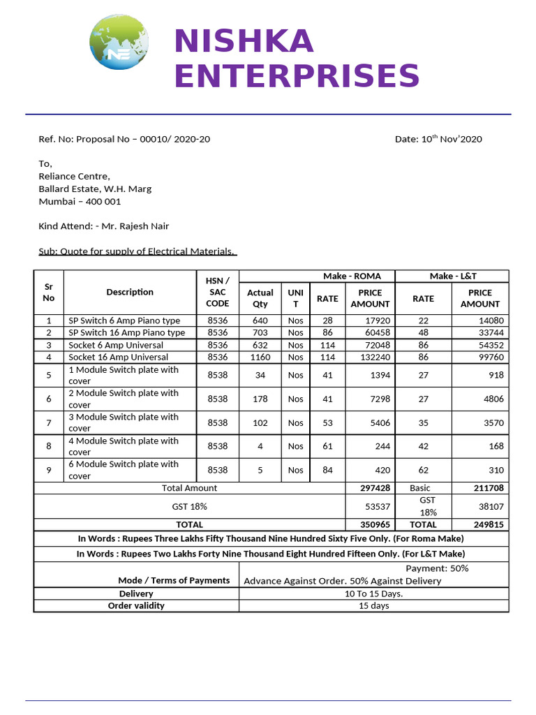 Quote Electrical Material - ADA | PDF