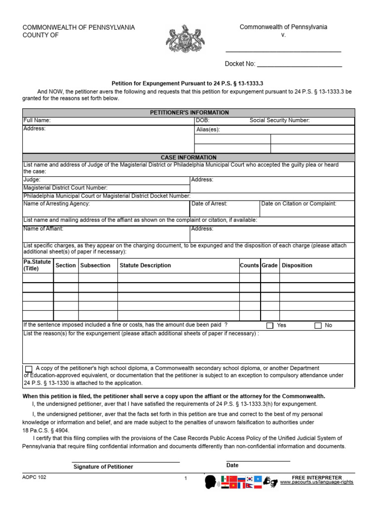 Petition For Expungement Pursuant To 24 P.S. 13-1333.3 | PDF ...